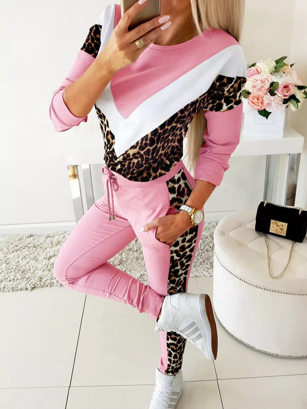 completo donna maglia pantaloni sportivo rosa animalier tuta