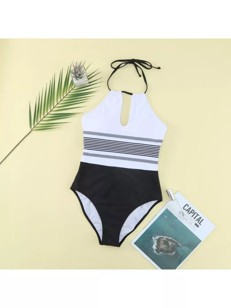 moda mare costume intero elegante monokini bianco nero sgambato