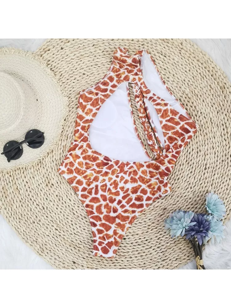 moda mare costume intero elegante monokini beige maculato mono