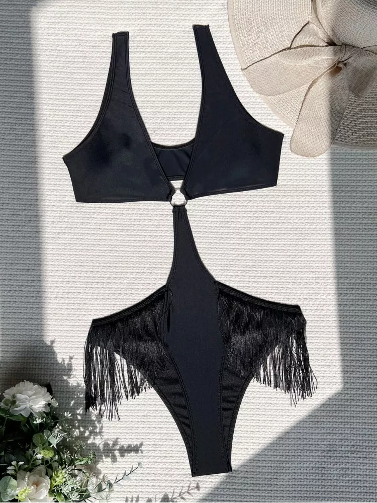 moda mare costume intero monokini traforato nero frange 52346