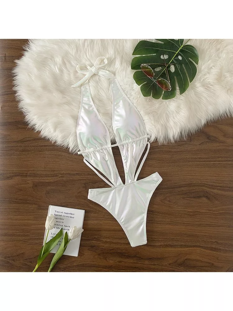 moda mare costume intero elegante monokini lucido perforato