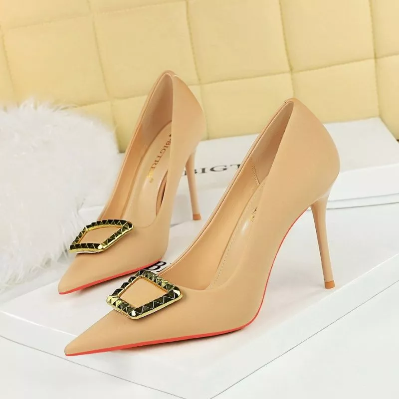 Decolte Scarpe Donna 10 cm Beige Oro Gioiello Eleganti Pelle