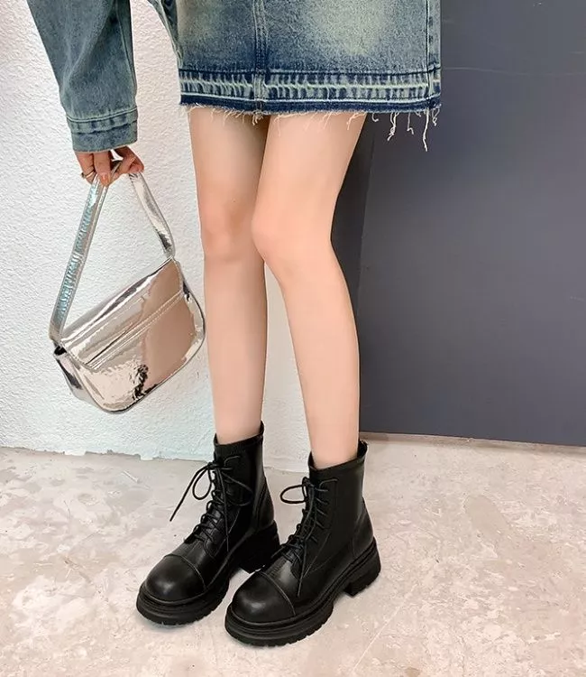 Stivali Scarpe Anfibi Nero Comodi Eleganti Platform Pelle
