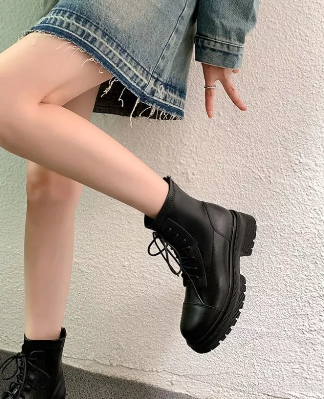 Stivali Scarpe Anfibi Nero Comodi Eleganti Platform Pelle